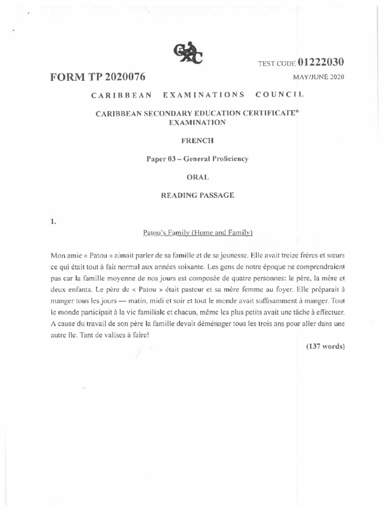 CSEC French Oral 2020 | PDF