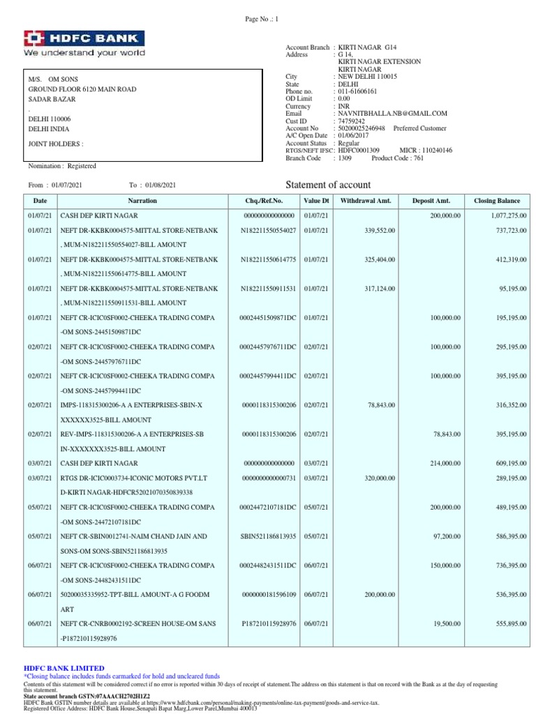 Monthly Bank Statement for M/S. OM SONS from July 1, 2021 to July 31 ...