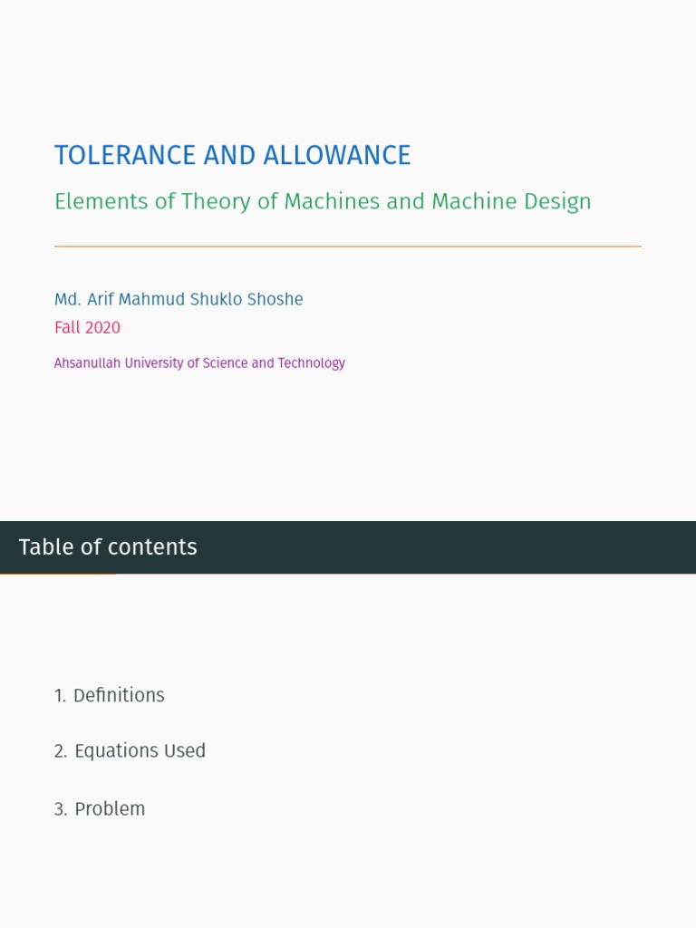 Tolerance and Allowance: Elements of Theory of Machines and Machine ...