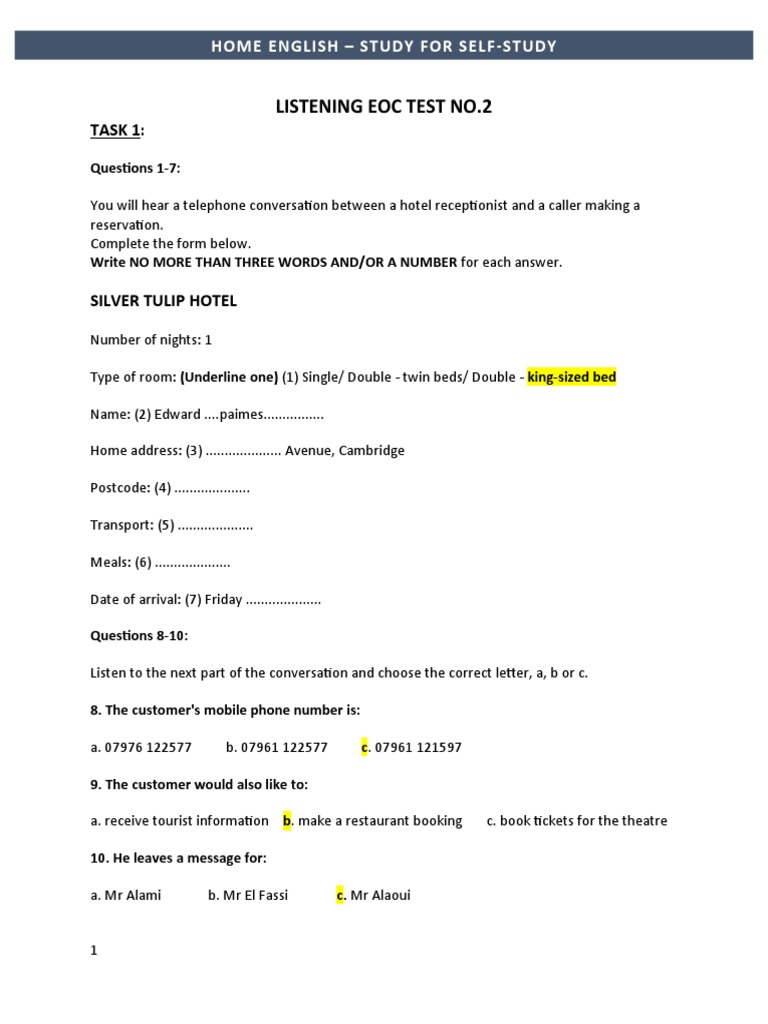 Listening Eoc Test No.2: Task 1 | PDF | Information And Communications ...