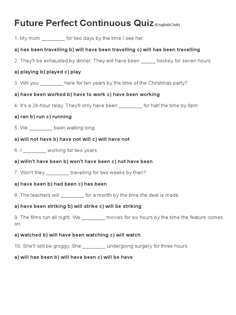Future Perfect Continuous Quiz | PDF