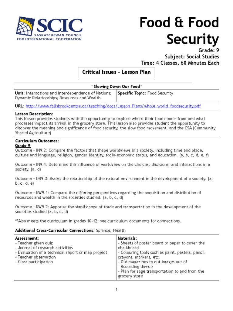Food and Food Security Lesson Plan 9 v2018 | PDF | Society | Curriculum
