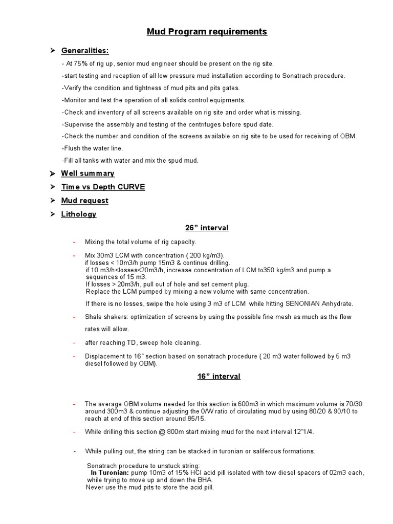 Mud Program Requirement | PDF | Casing (Borehole) | Pump