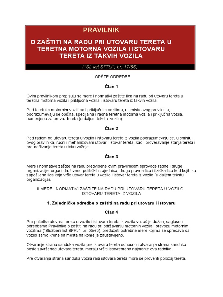 58 Pravilnik o Zastiti Na Radu Pri Utovaru Tereta U Teretna ... | PDF