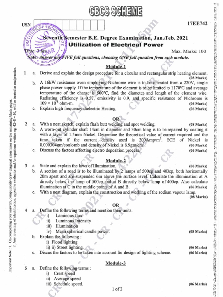 VTU Question Paper of 17EE742 Utilization of Electrical Power Jan-2021 ...