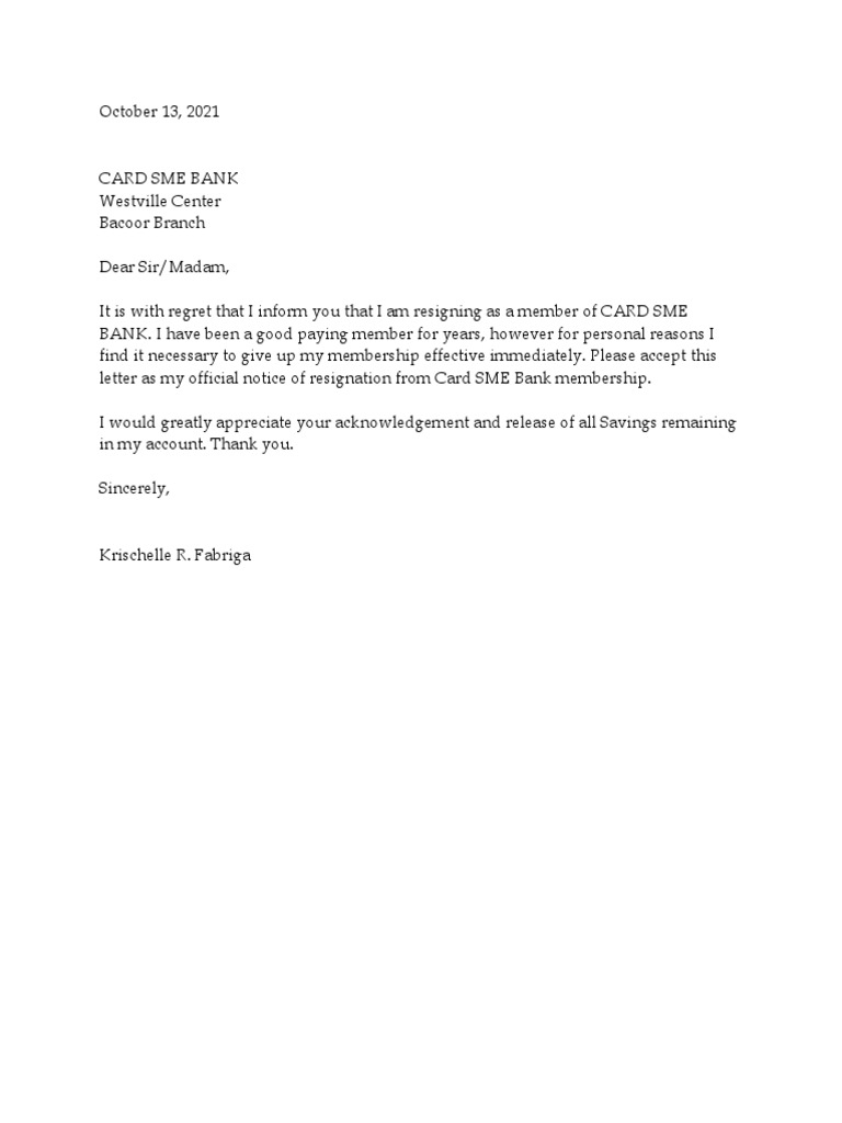 Resignation Letter for CARD SME Bank Membership | PDF