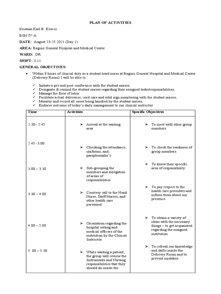 PLAN OF ACTIVITIES 3 Days DR | PDF | Nursing | Hospital