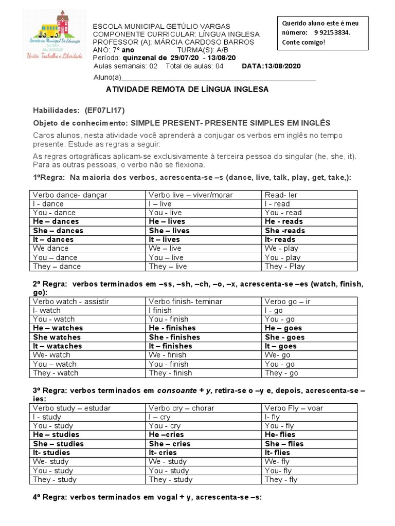 Habilidades: (EF07LI17) Objeto de Conhecimento: Simple Present-Presente Simples em Inglês | PDF