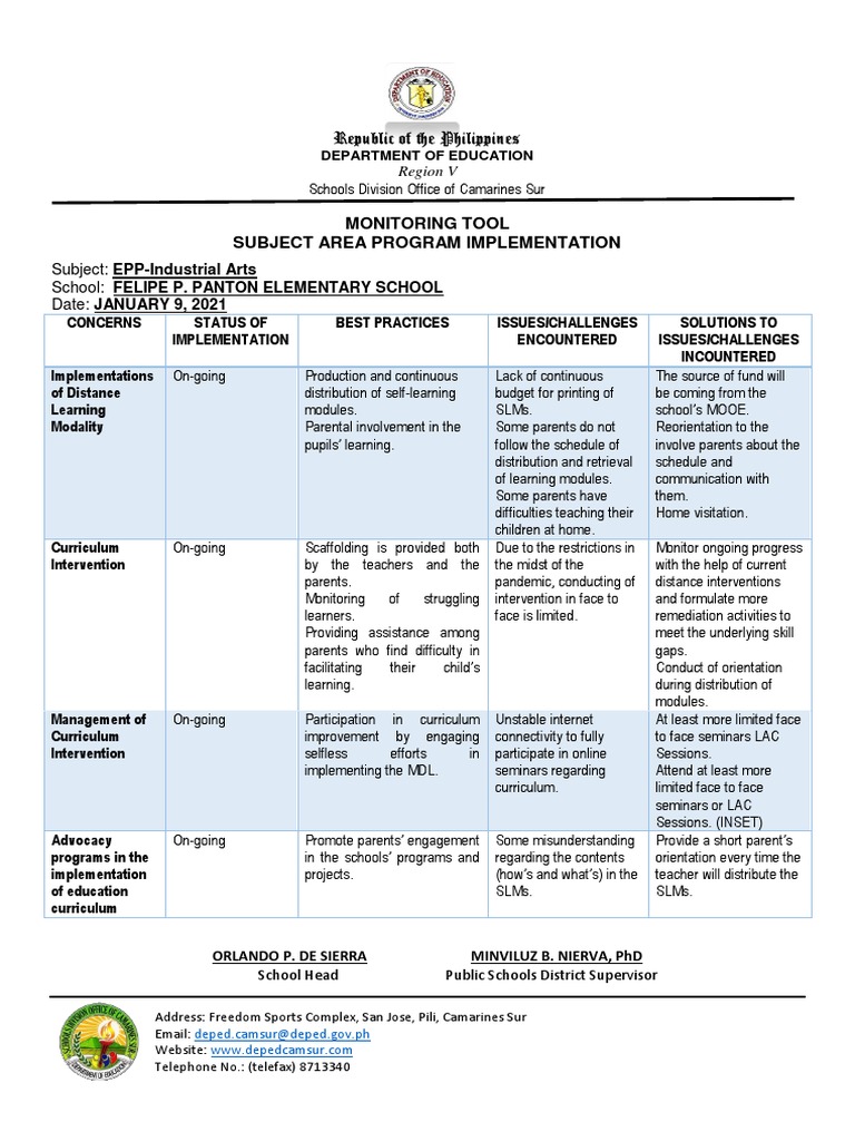 Monitoring Tool Subject Area Program Implementation: Republic of The ...