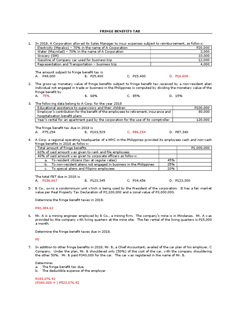 FBT Sample Computations | PDF | Employee Benefits | Taxes