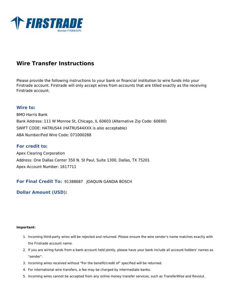 Wire Instruction | PDF | Finance & Money Management