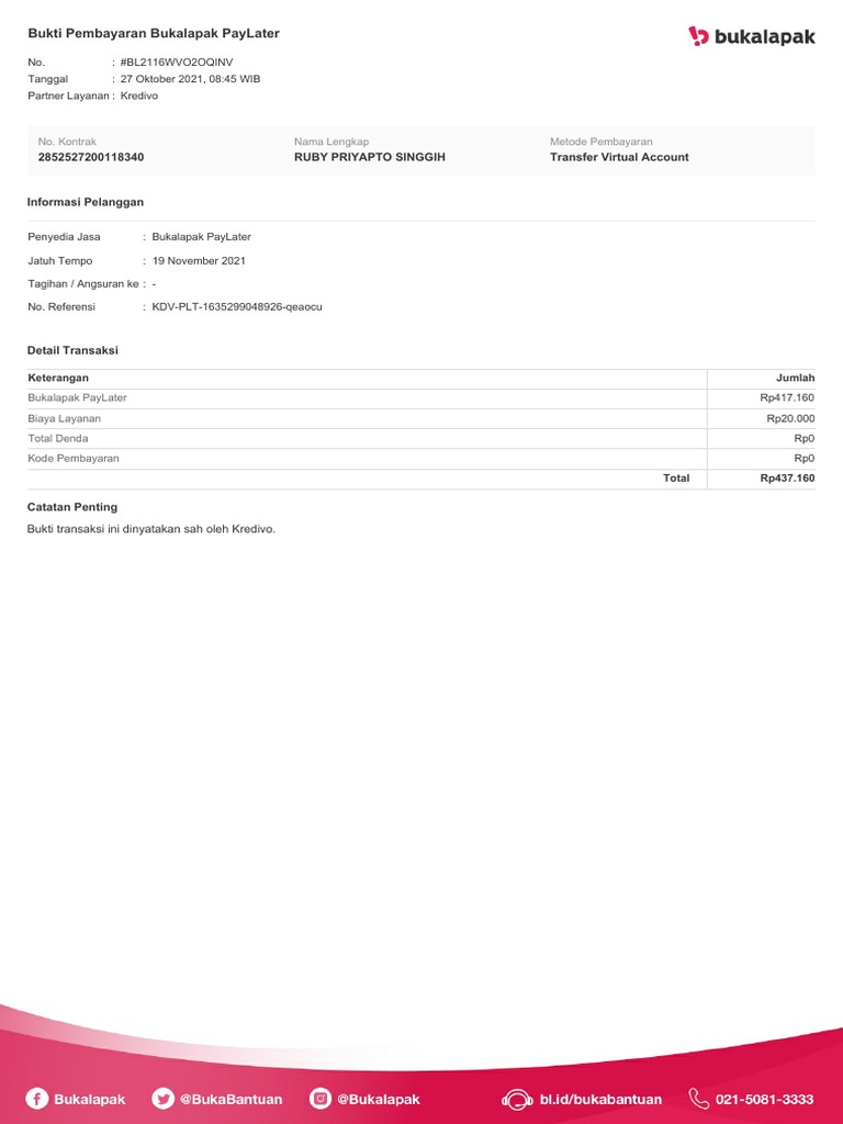 Bukti Pembayaran Angsuran Bukalapak PayLater | PDF