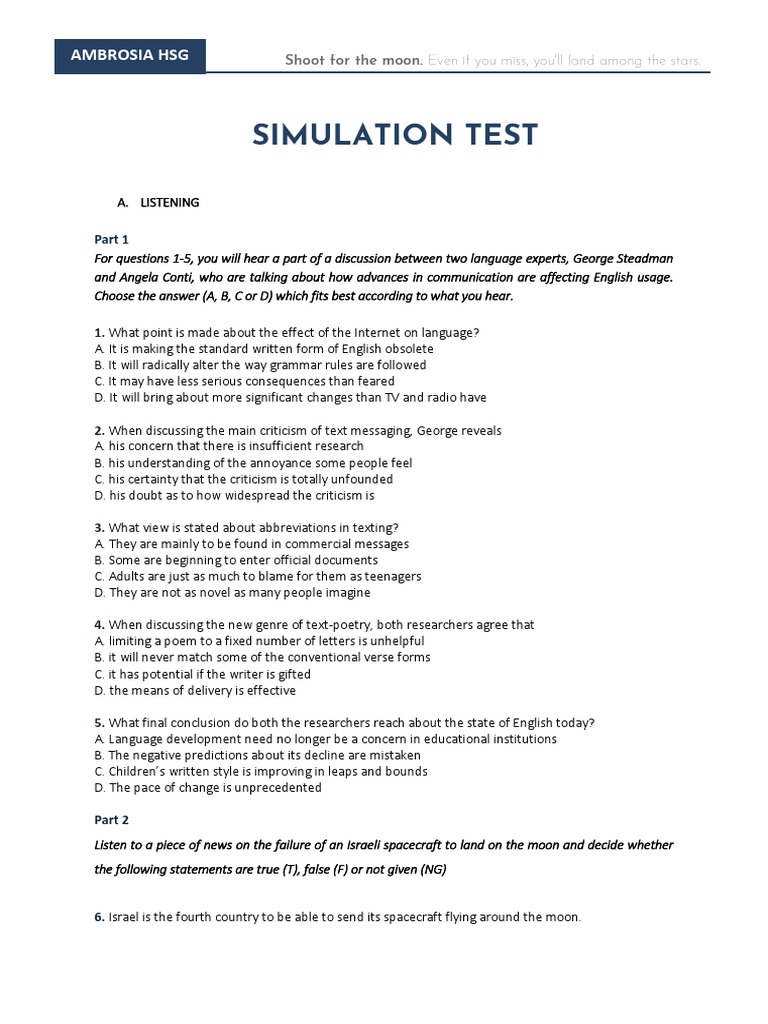 Simulation Test: Ambrosia HSG | PDF