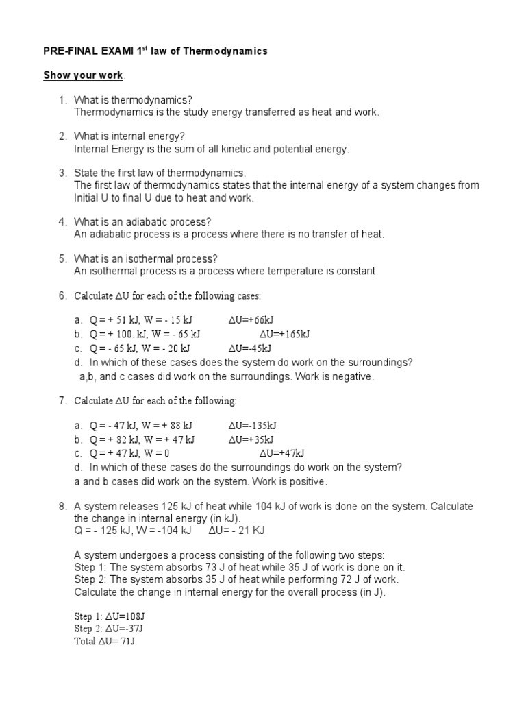 Pre-Final Exami 1 Law of Thermodynamics Show Your Work | PDF | Heat | Gases