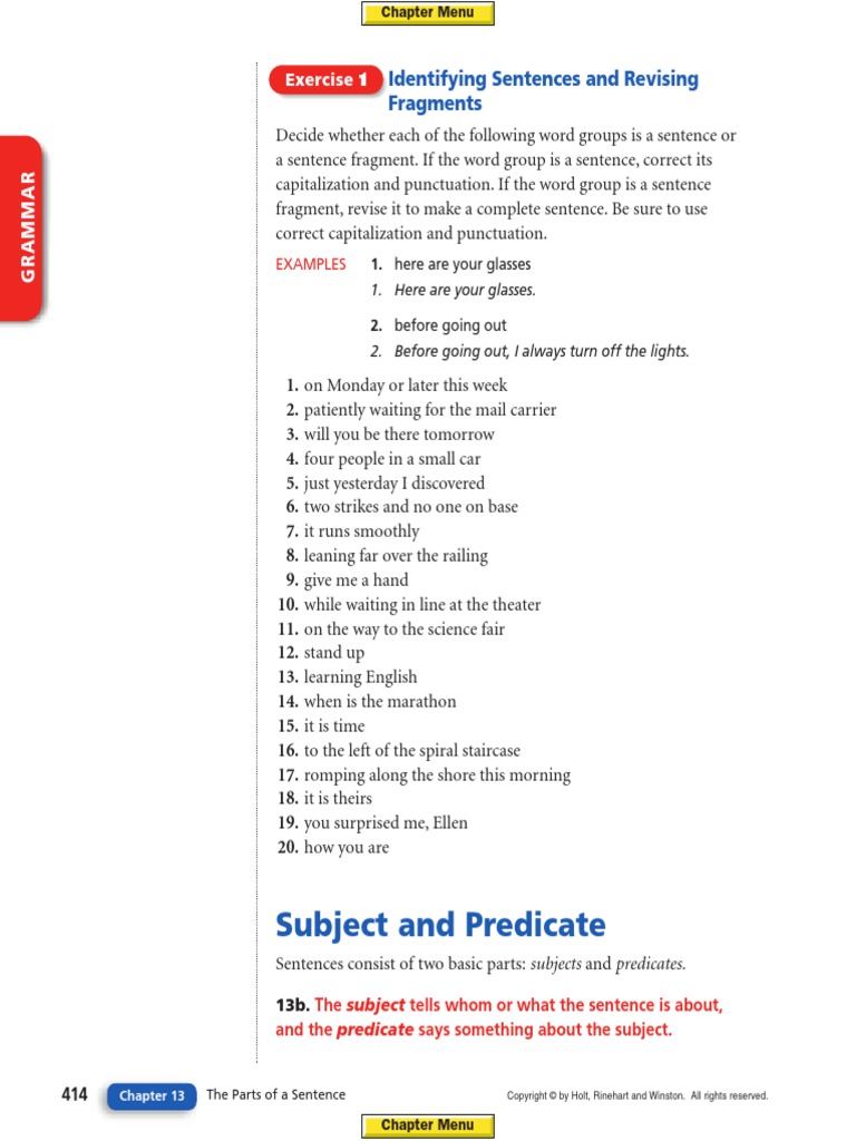 PG 414 - PG 427 Subject and Predicate | PDF | Subject (Grammar ...