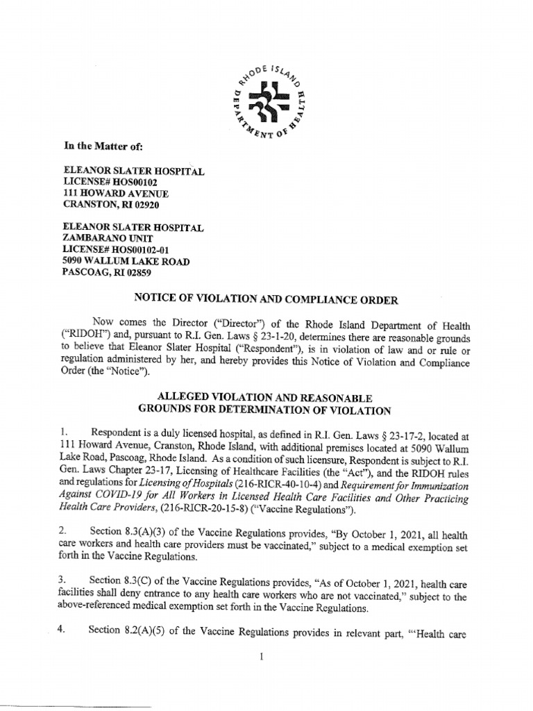 Eleanor Slater Hospital Notice of Violation | PDF