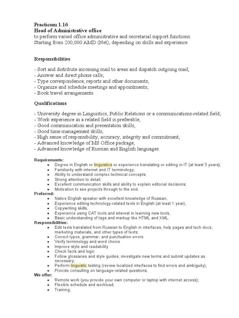 Practicum 1.16 Head of Administrative Office: Responsibilities | PDF ...