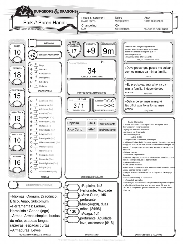 Ficha Paik Ladino LVL 4 | PDF | Dragão