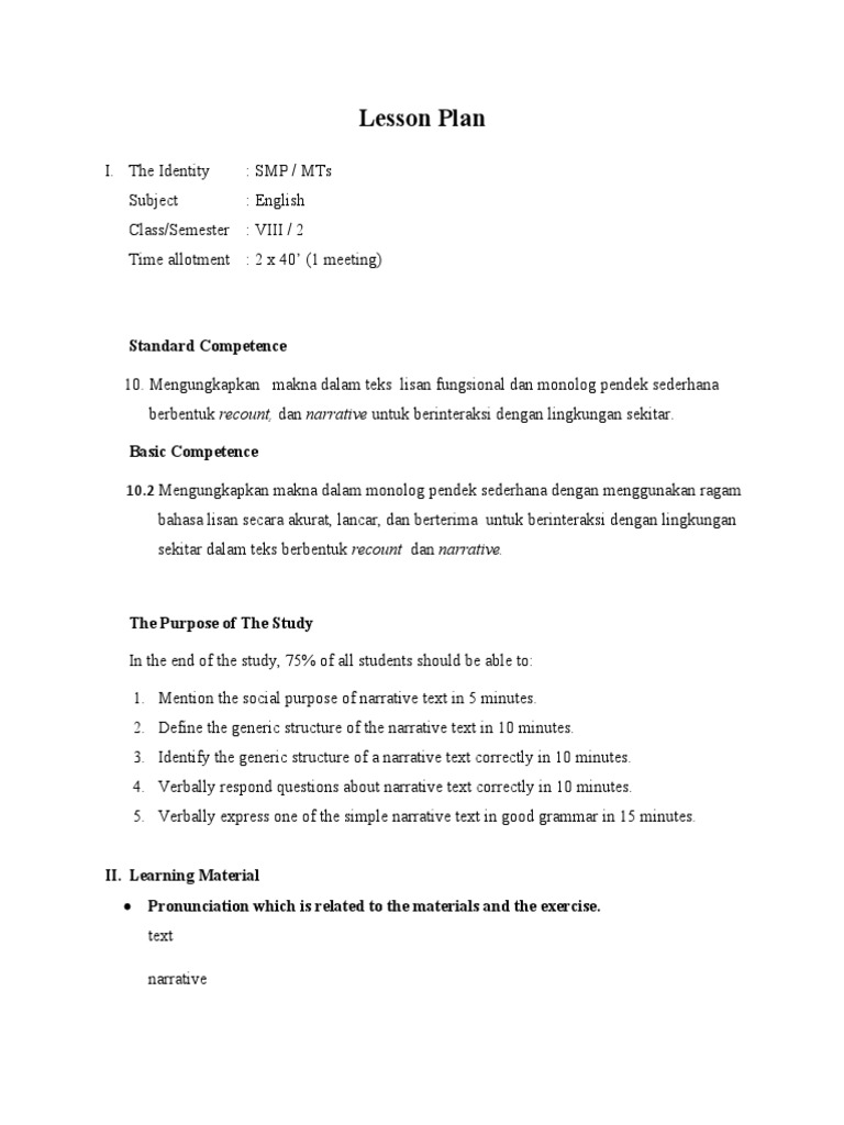 Lesson Plan Narrative | PDF | Speech | Grammar