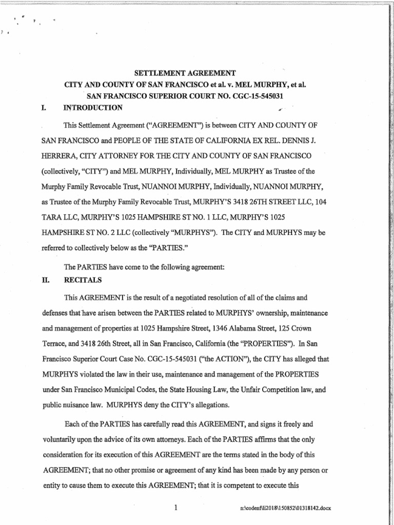 2018-11-21 SETTLE Settlement Agreement | PDF | Lawsuit | Legal Liability
