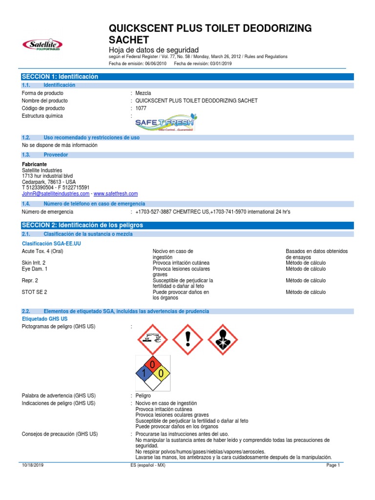 HDS Quickscente Plus Toilet Deodorizing Sachet | PDF | Química ...