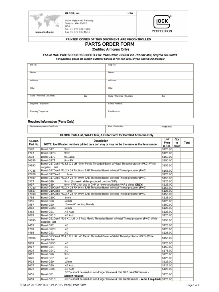 Parts Order Form: Parts Order, GLOCK Inc. PO Box 369, Smyrna GA 30081 ...