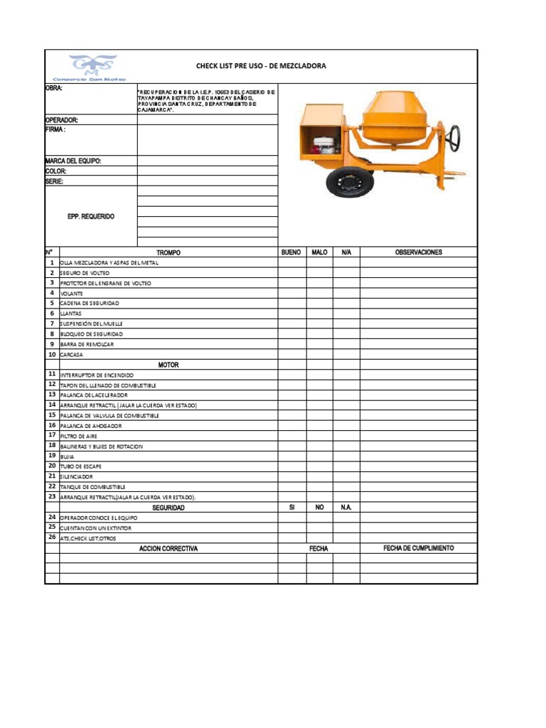Checklist de Seguridad para Mezcladora | PDF