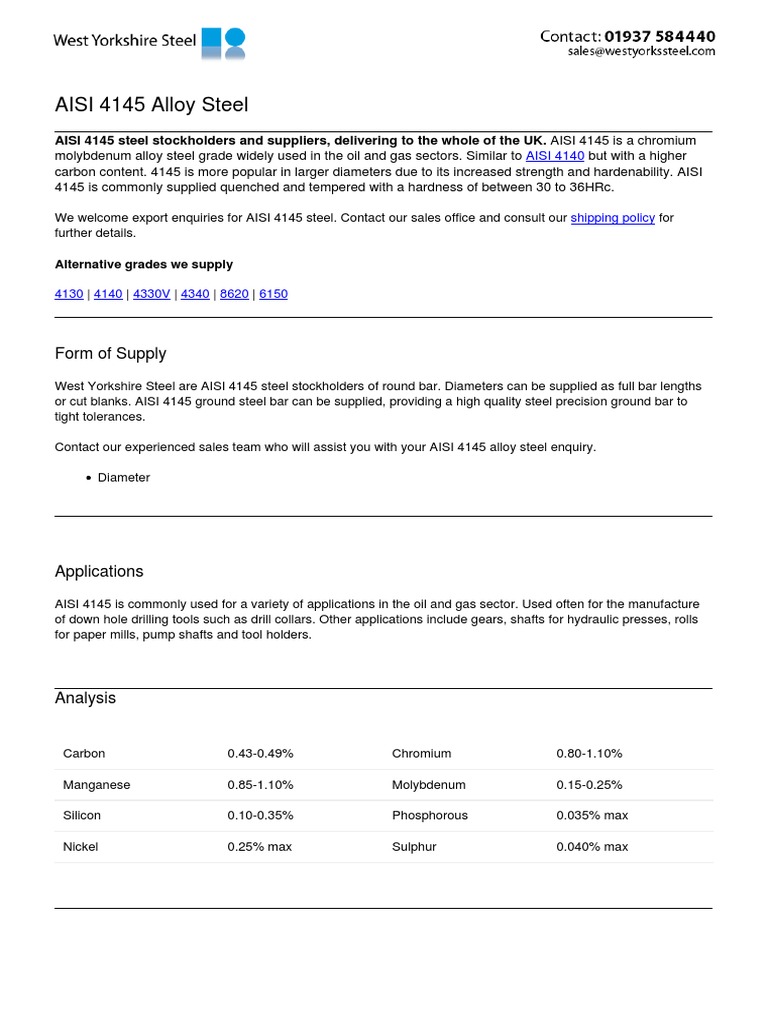 AISI 4145 Alloy Steel: Form of Supply | PDF | Heat Treating | Steel