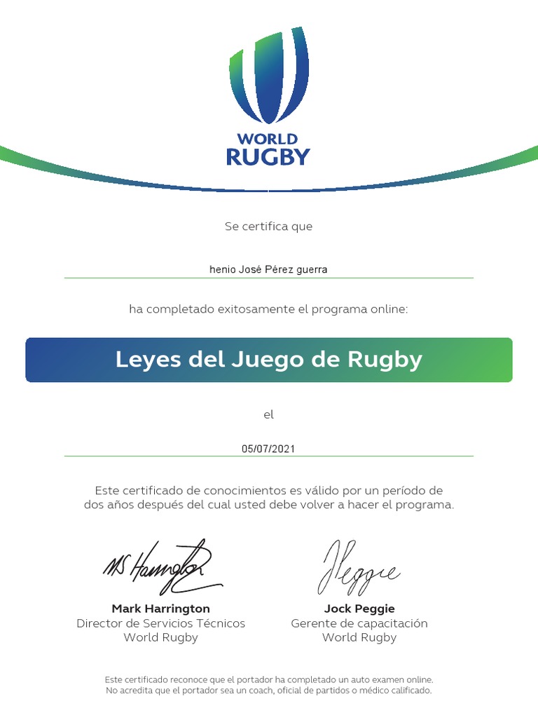 Certificado de finalización del programa "Leyes del Juego de Rugby | PDF