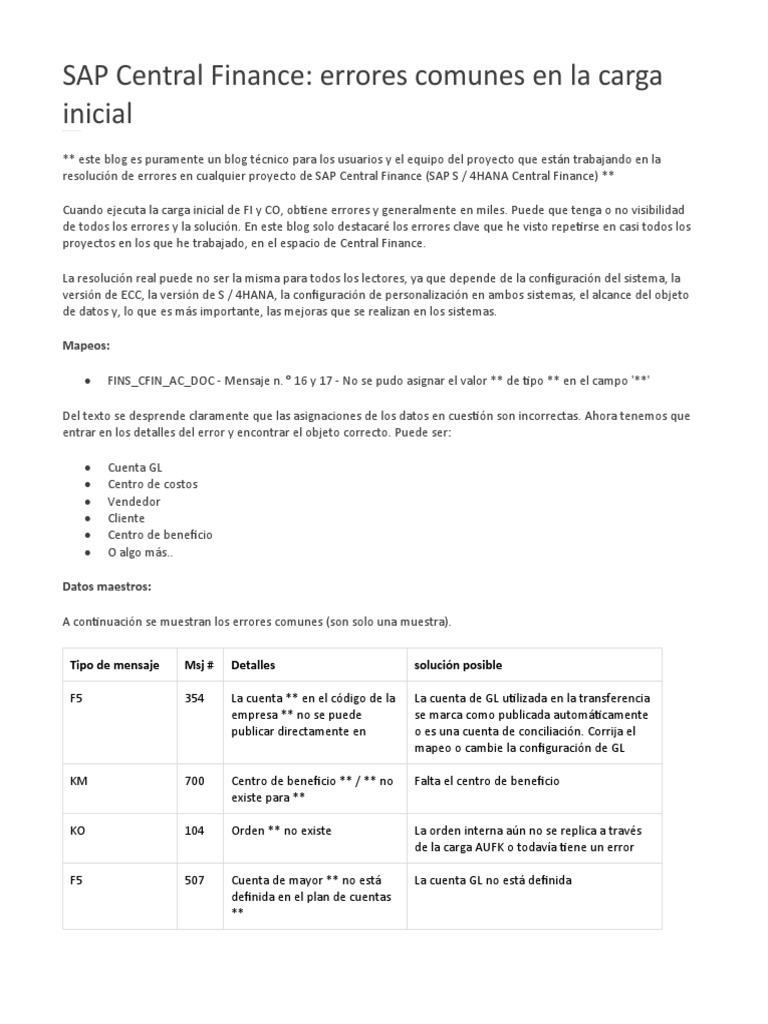 6 SAP Central Finance Errores Comunes en La Carga Inicial | PDF ...