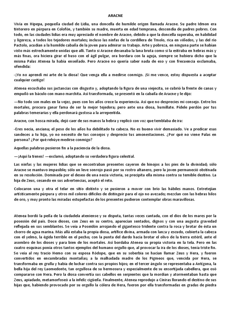 Mito de Aracne | PDF | Atenea | Hera