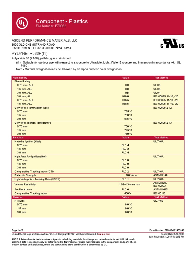 Component - Plastics: VYDYNE: R533H (f1) | PDF | Electric Arc ...
