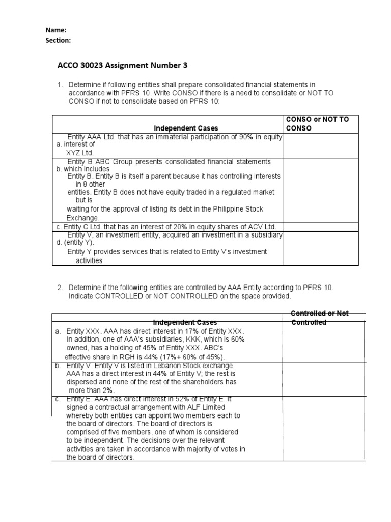 ACCO 30023 Assignment Number 3: Name: Section | PDF | Stocks | Subsidiary