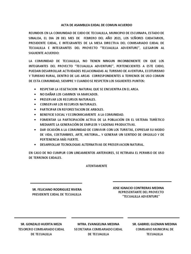 Acta de Asamblea Ejidal en Tecualilla | PDF