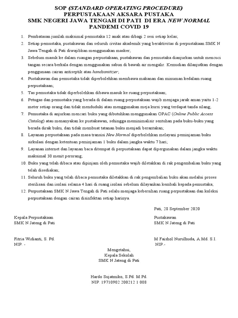 Sop Perpustakaan Aksara Pustaka New Normal | PDF
