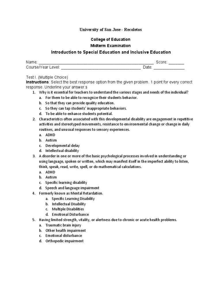Special Education Midterm Exam Guide | PDF | Special Education ...