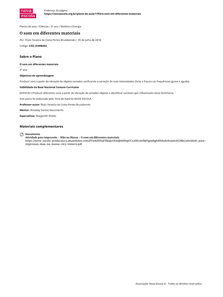 Plano de Aula Cie3 01me02 | PDF | Som | Canto