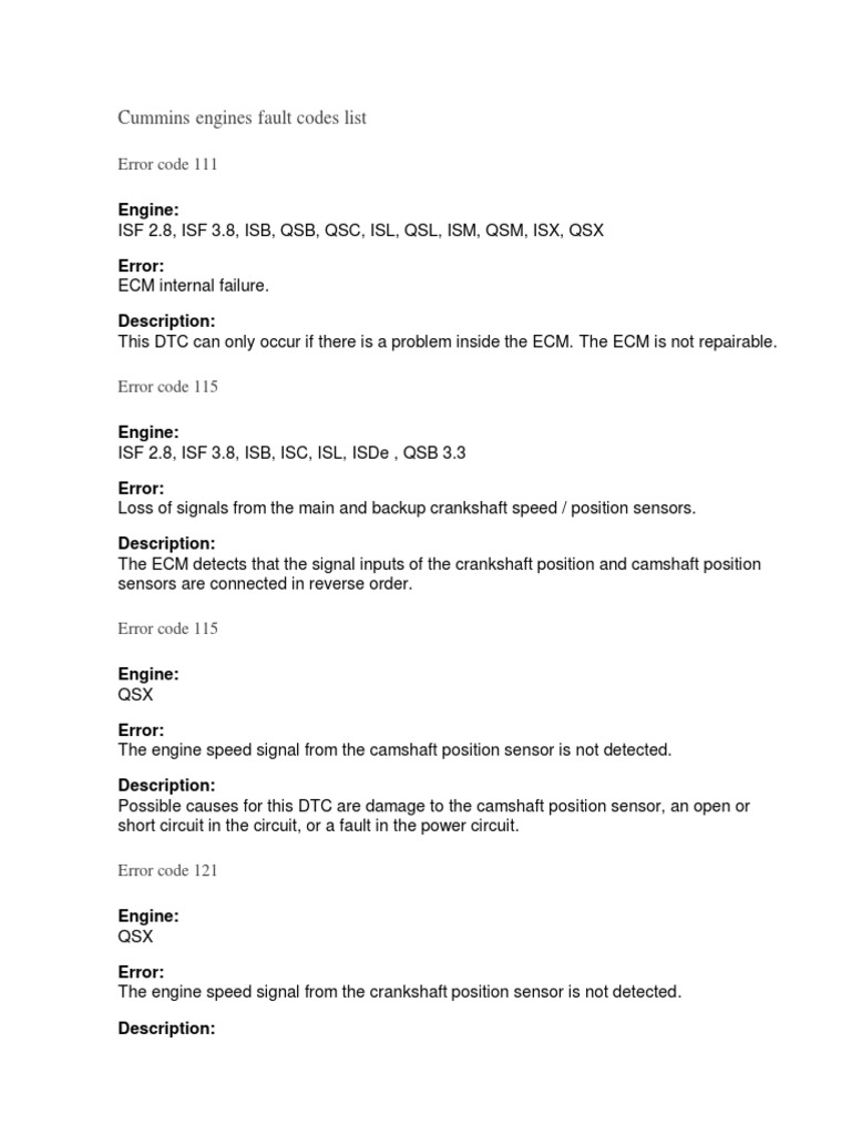 Cummins Engines Fault Codes List: Error Code 111 | PDF | Throttle ...