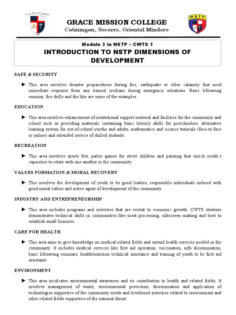 Grace Mission College: Introduction To NSTP Dimensions of Development ...