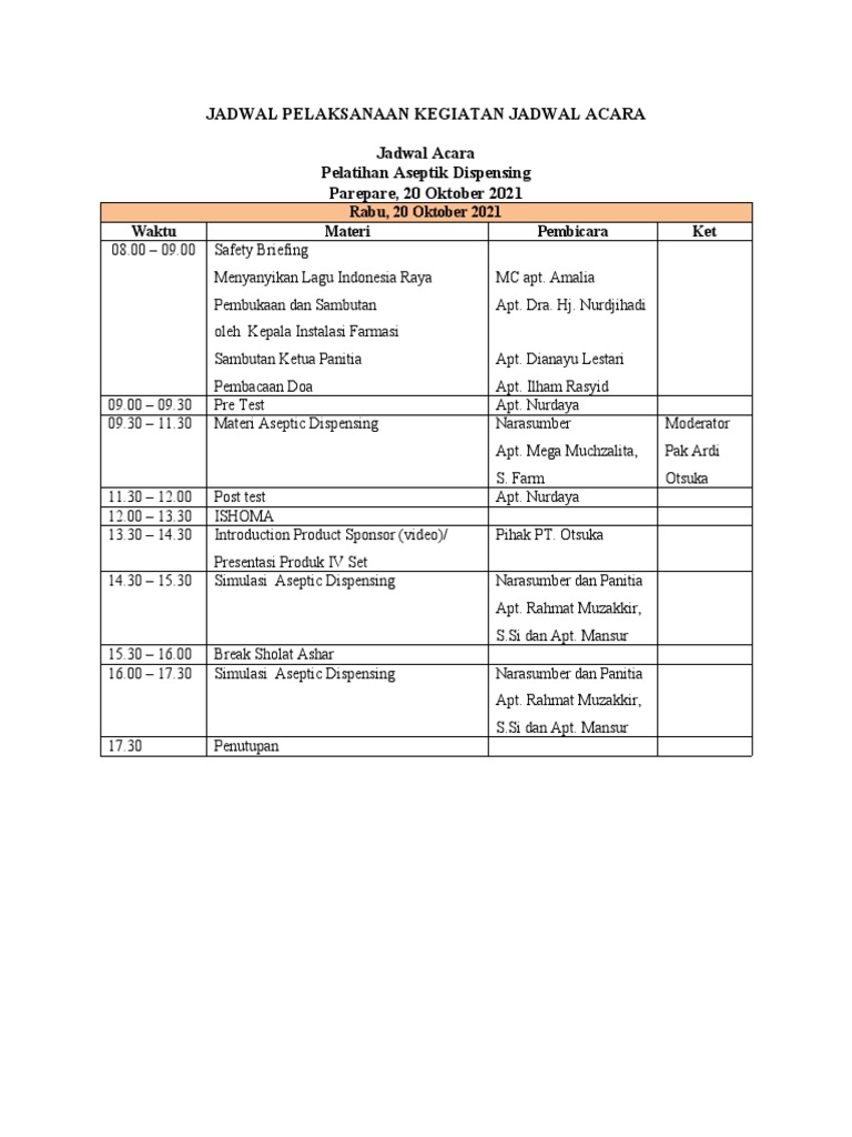 Rundown Acara Pelatihan Tekhnik Aseptik Dispensing | PDF