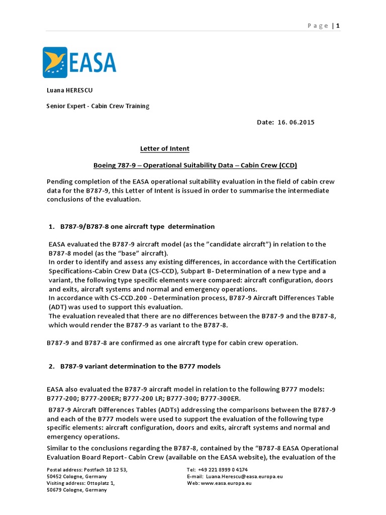 B787-9 OSD CC - EASA Letter of Intent - 0 | PDF | Flight Attendant ...