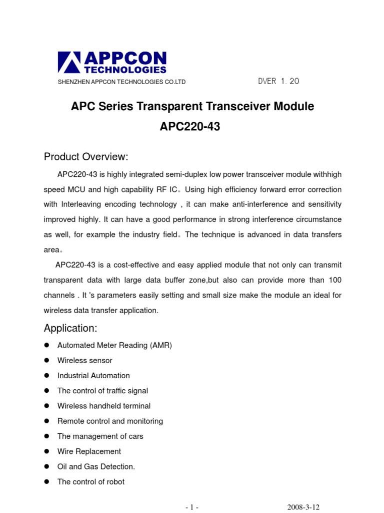 APC220 Manual | Download Free PDF | Computer Network | Antenna (Radio)