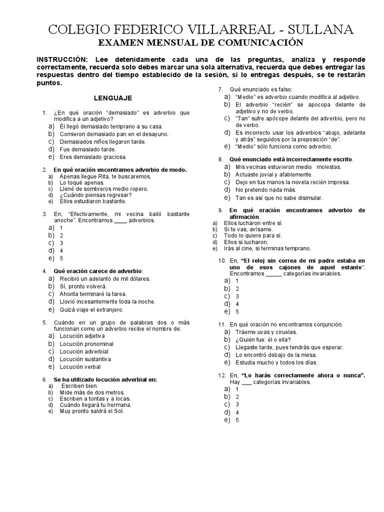 Examen de Preposiciones y Adverbios | PDF | Adverbio | Sintaxis