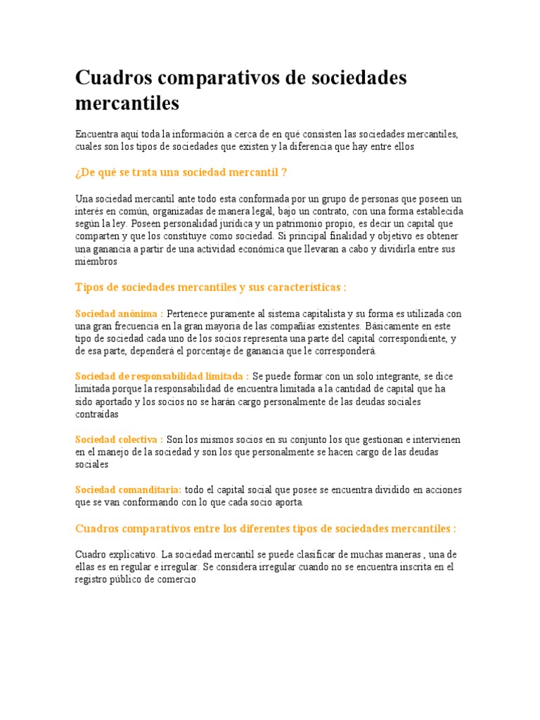 Cuadros Comparativos de Sociedades Mercantiles | PDF | Sociedad de responsabilidad limitada ...