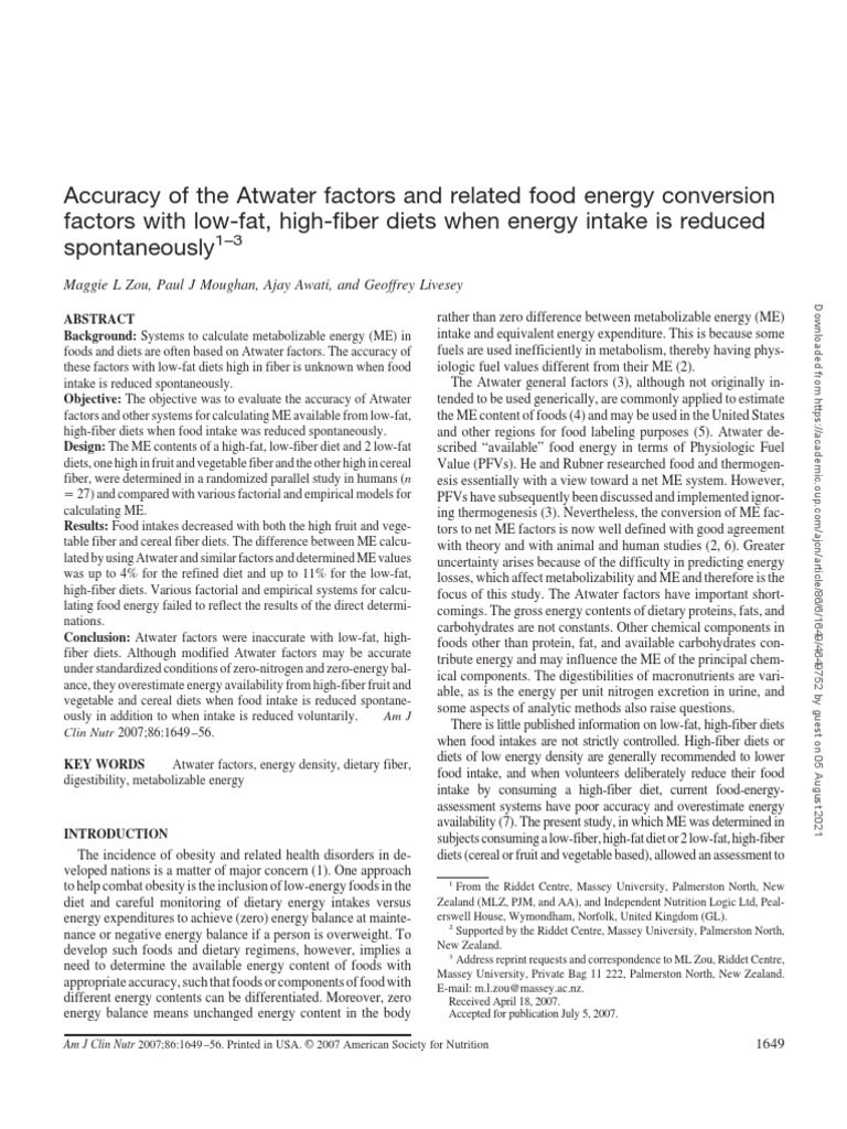 Accuracy of The Atwater Factors and Related Food Energy Conversion ...