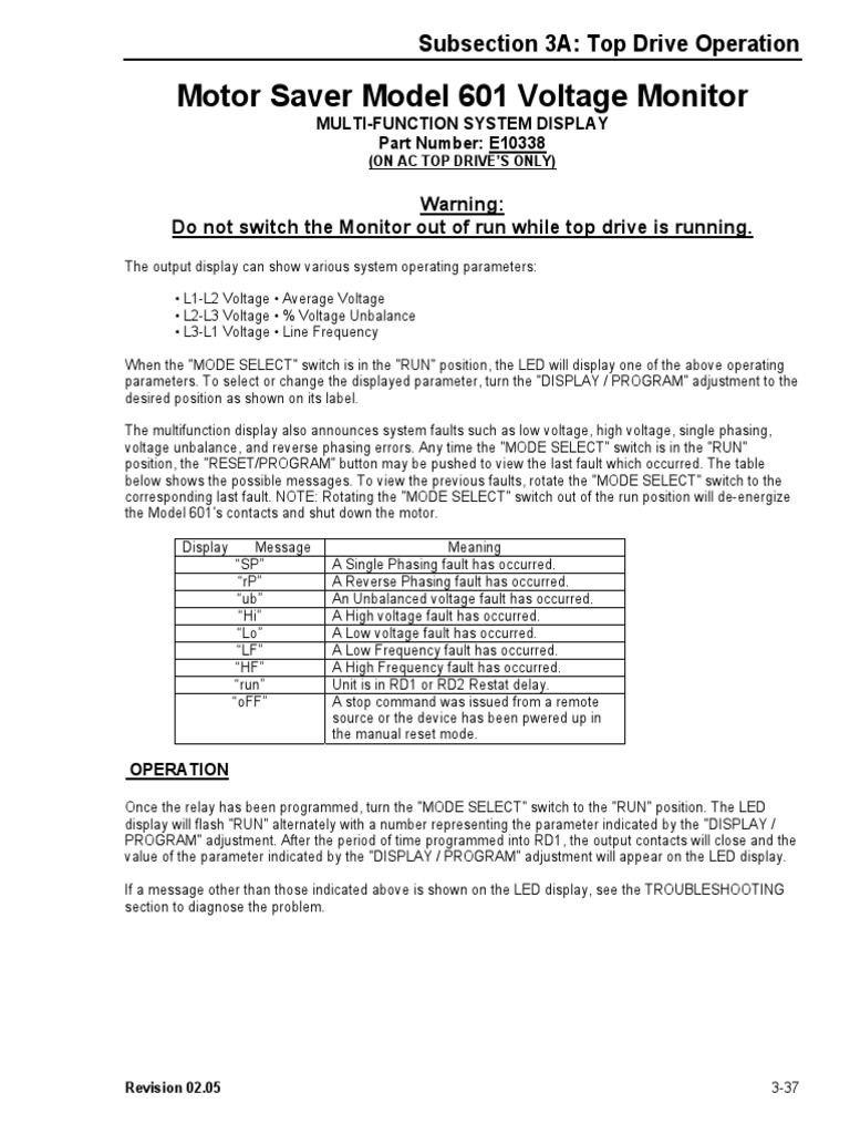 Motor Saver Model 601 Voltage Monitor: Subsection 3A: Top Drive ...