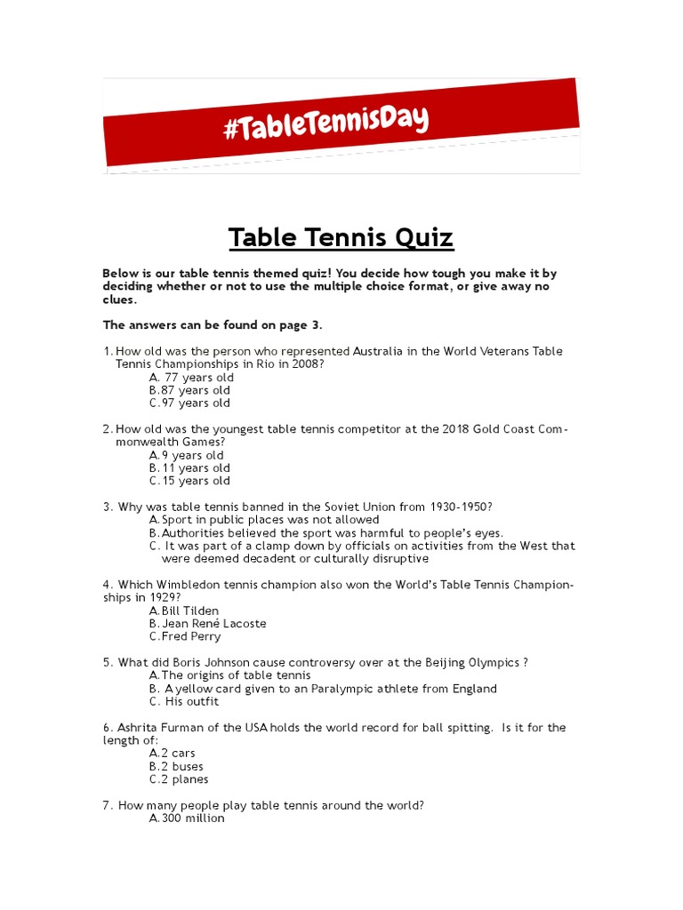 Table Tennis Day Quiz | PDF | Sports | Leisure