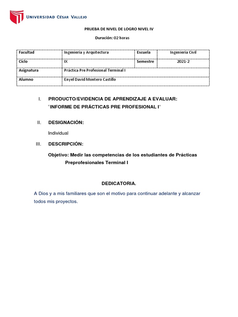 ATH - PRUEBA DE NIVEL DE LOGRO Nivel 4A - ENYEL DAVID MONTERO CASTILLO | PDF | Ingeniero civil ...