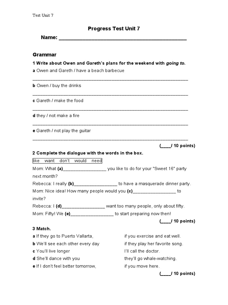 Progress Test Unit 7 Name | PDF