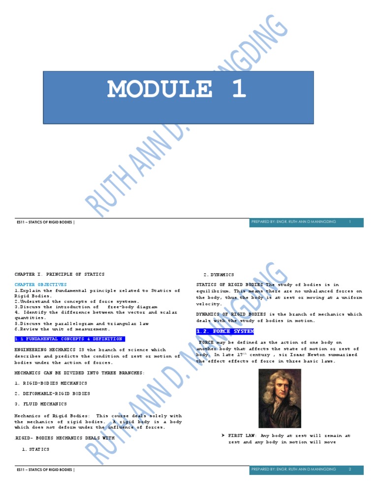 Es11 - Statics of Rigid Bodies: Prepared By: Engr. Ruth Ann D Maningding 1 | PDF | Force ...